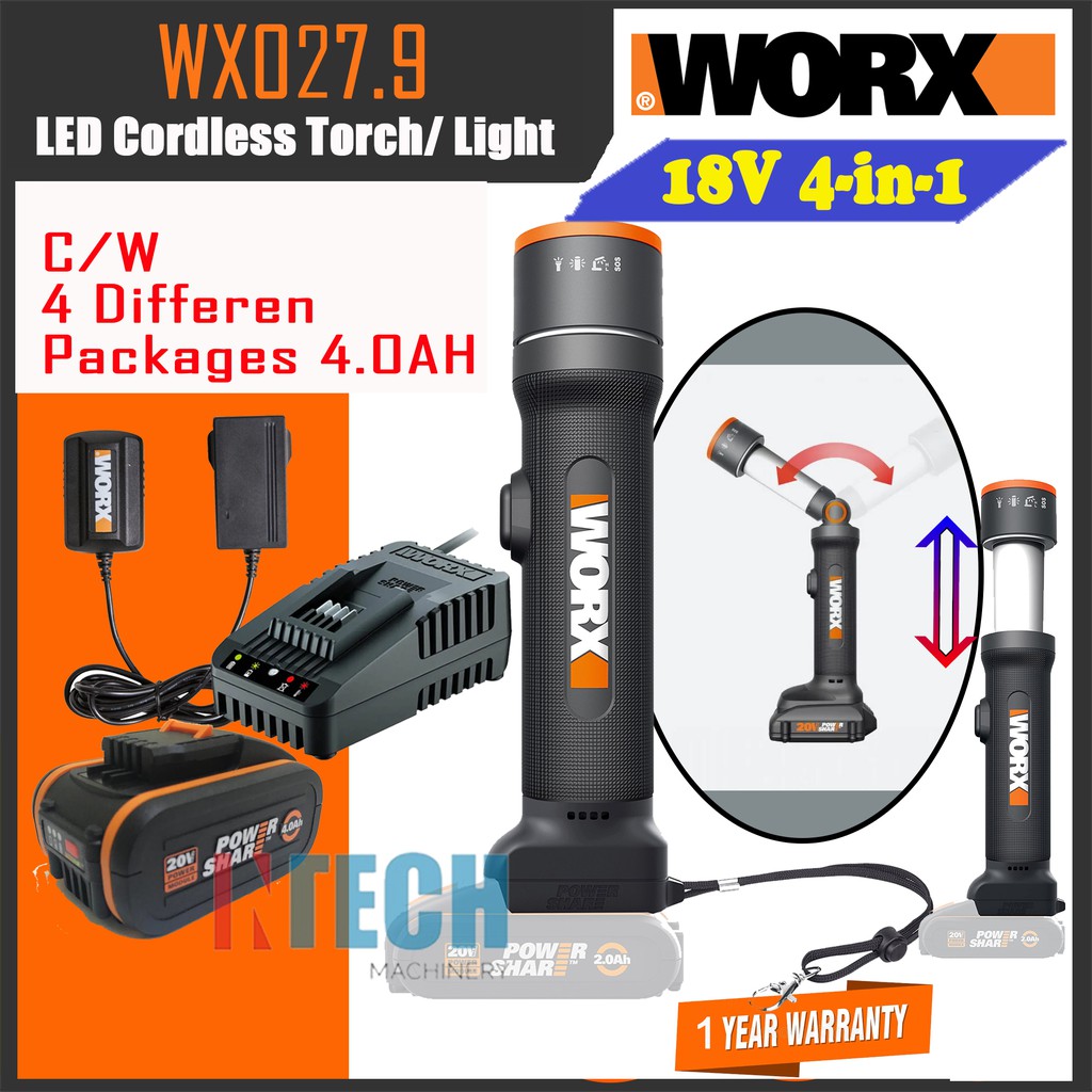 WORX WX027.9 / WX0279 LED CORDLESS TORCH/ LIGHT C/W 4 DIFFERENT ...