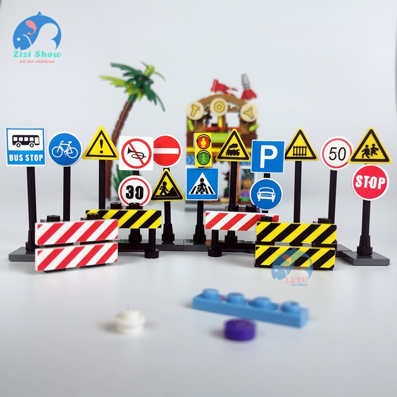 LEYU MOC Building Blocks City Road Sign Toys Town Center Signage Brick ...