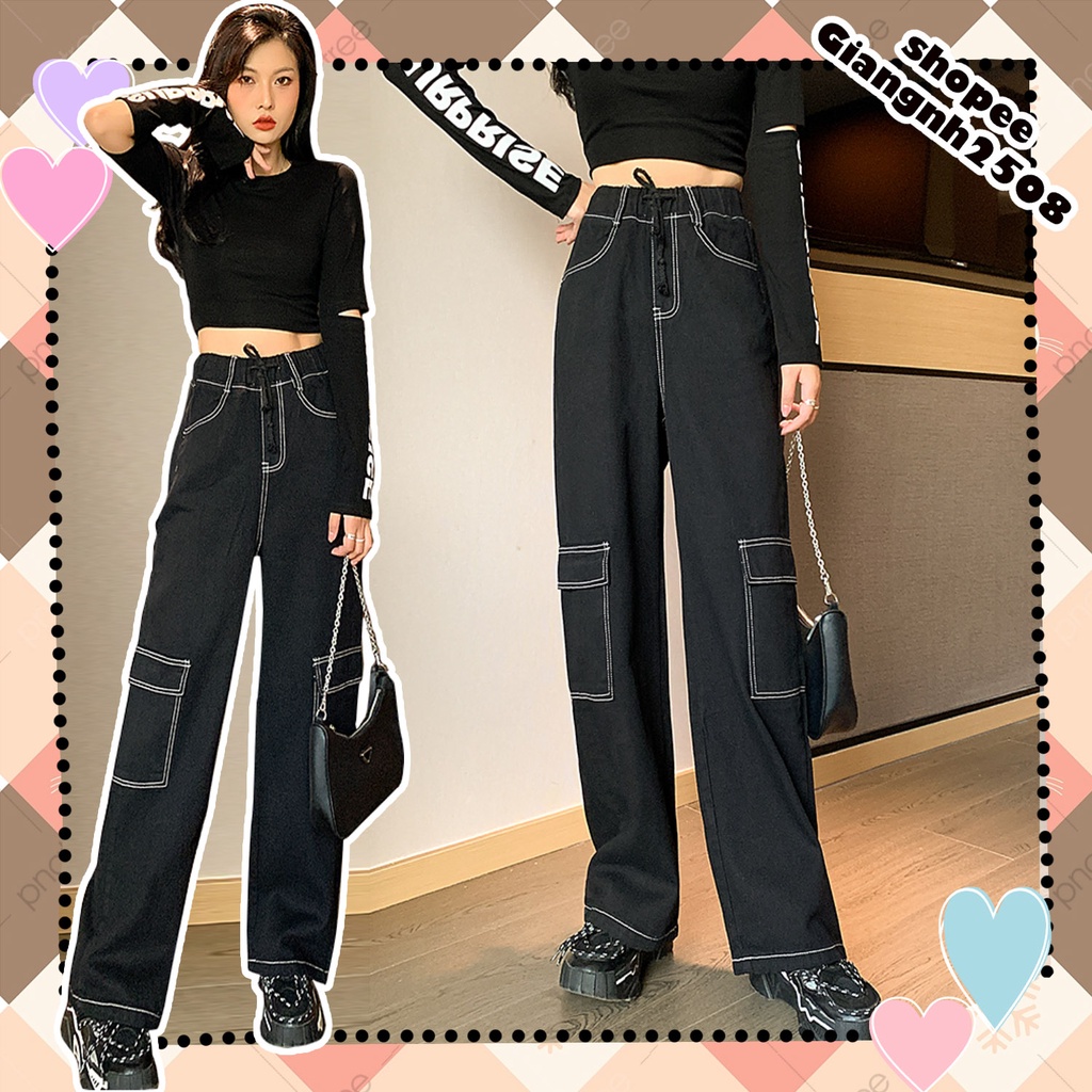 Q012 Men's and women's black faux jeans with wide leg and box pockets ...