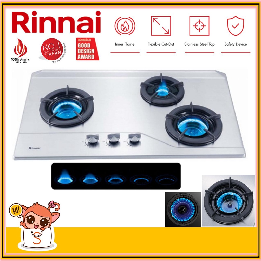 🔥RINNAI🔥 RB-3SI-C-S Built-in 3 Burner Gas Hob (Stainless Steel) Gas Stove RB3SICS Inner Flame ...