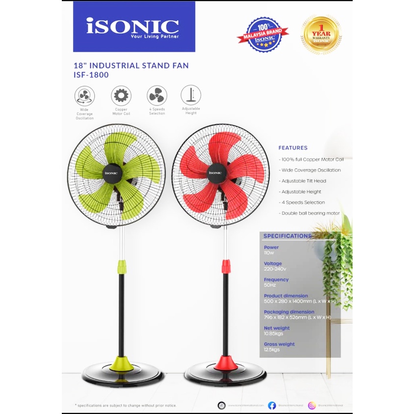 ISONIC 18" INCHES INDUSTRIAL STAND FAN HEAVY DUTY COPPER BEARING MOTOR ...
