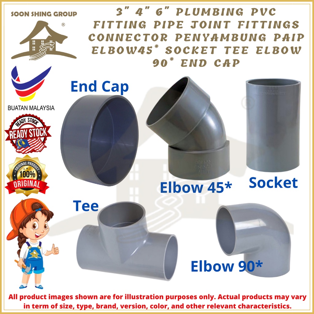 3" 4" 6" PLUMBING PVC FITTING Pipe Joint Fittings Connector Penyambung Paip ELBOW45* SOCKET TEE ...