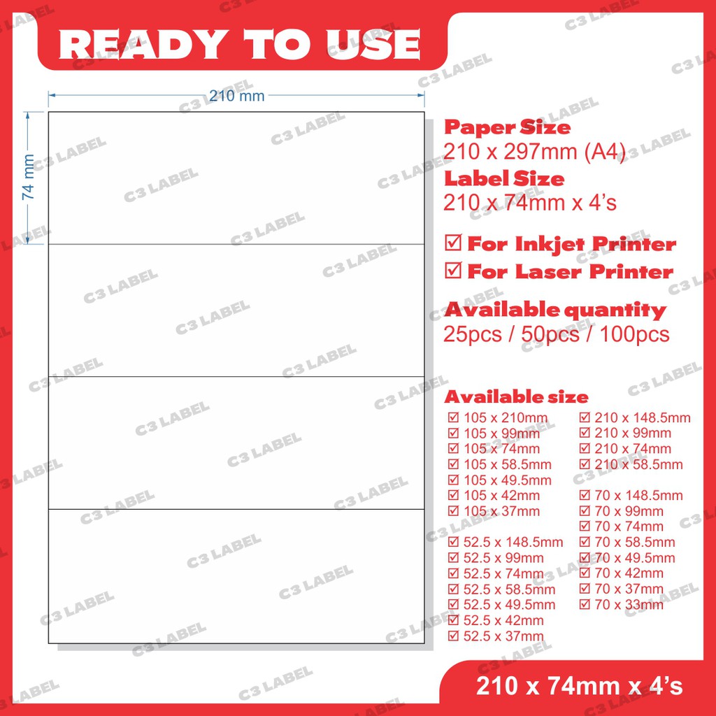 A4 Size Pre Cut Blank Sticker / A4 Blank Sticker - ( 210 x 74mm x 4's ...