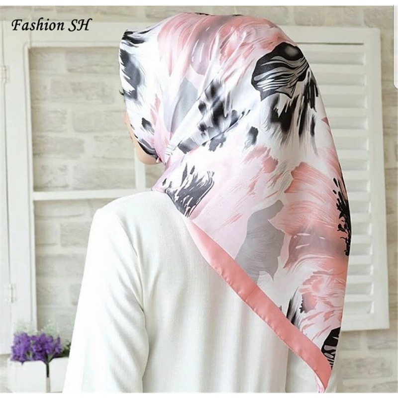 Printed Scarf Bawal Tudung Silk Shawl Ink style Satin hijab 90x90cm ...