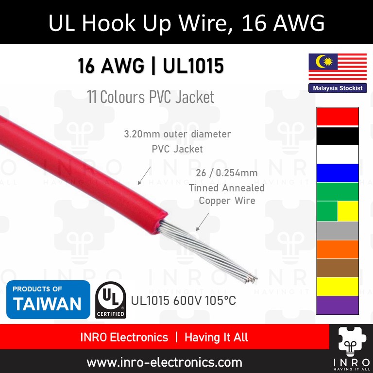 Hook Up Wire | 16 AWG, UL1015 (105C 600V), 18A Current, Wayar Kereta / Machine, Auto Cable (1 ...