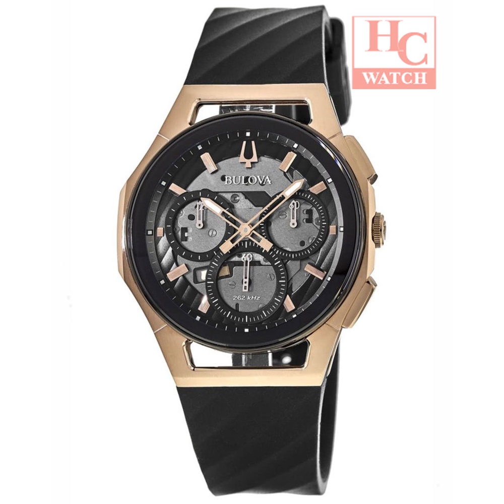 BULOVA Mens Curv 98A185 Rose Gold Plated Black Chronograph Dial Rubber ...