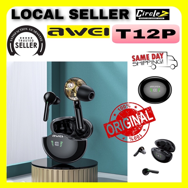 (ORIGINAL) Awei T12P TWS Dual Dynamic Drive Wireless Bluetooth v5.1 Earbuds with Digital Display ...