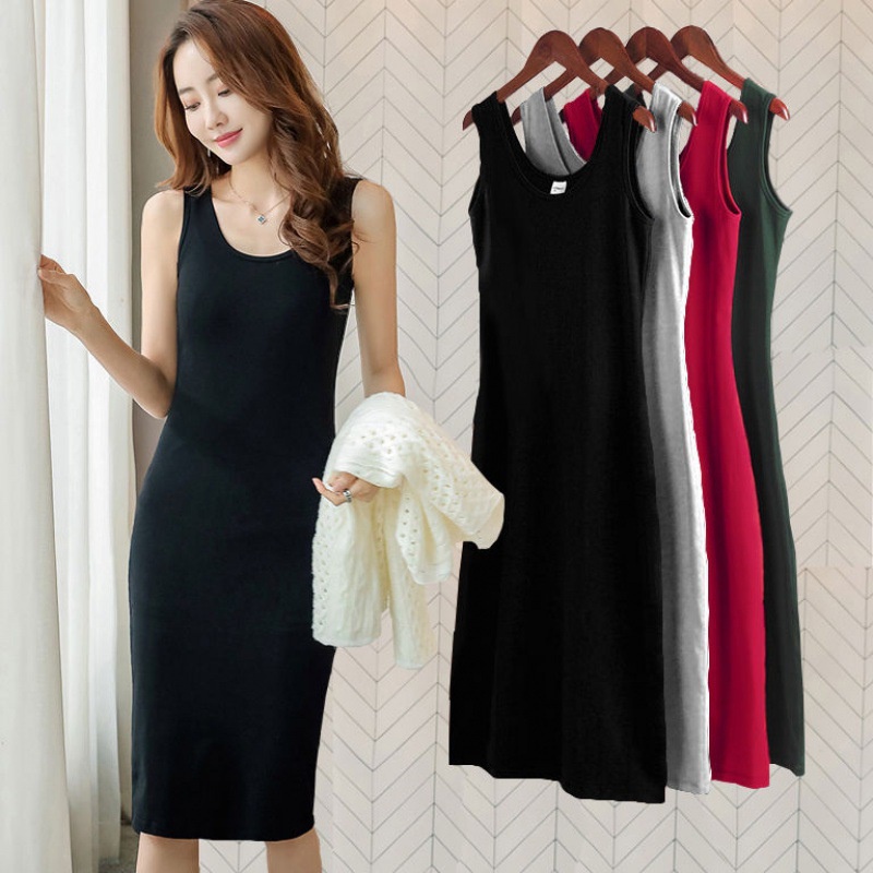 Women Plus Size Sleeveless Dress Loose Fit Solid Color Casual Midi ...