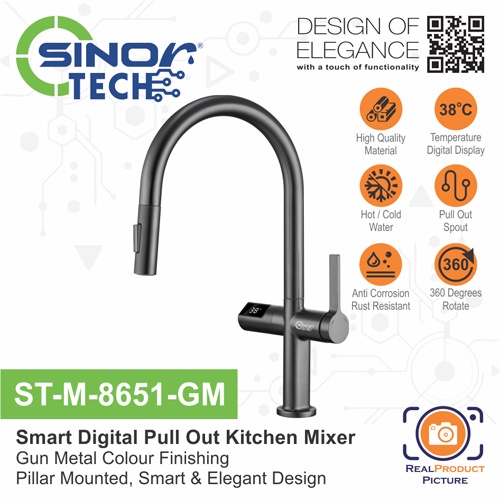 SINOR TECH ST-M-8651-GM SMART DIGITAL PULL OUT KITCHEN MIXER HOT & COLD KITCHEN FAUCET MIXER TAP ...