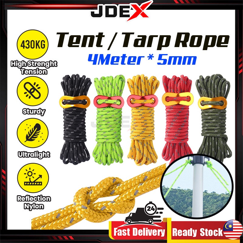 JDEX Tarp Tent Rope 4/5mm Reflective with Adjustable Tensioner Camping ...