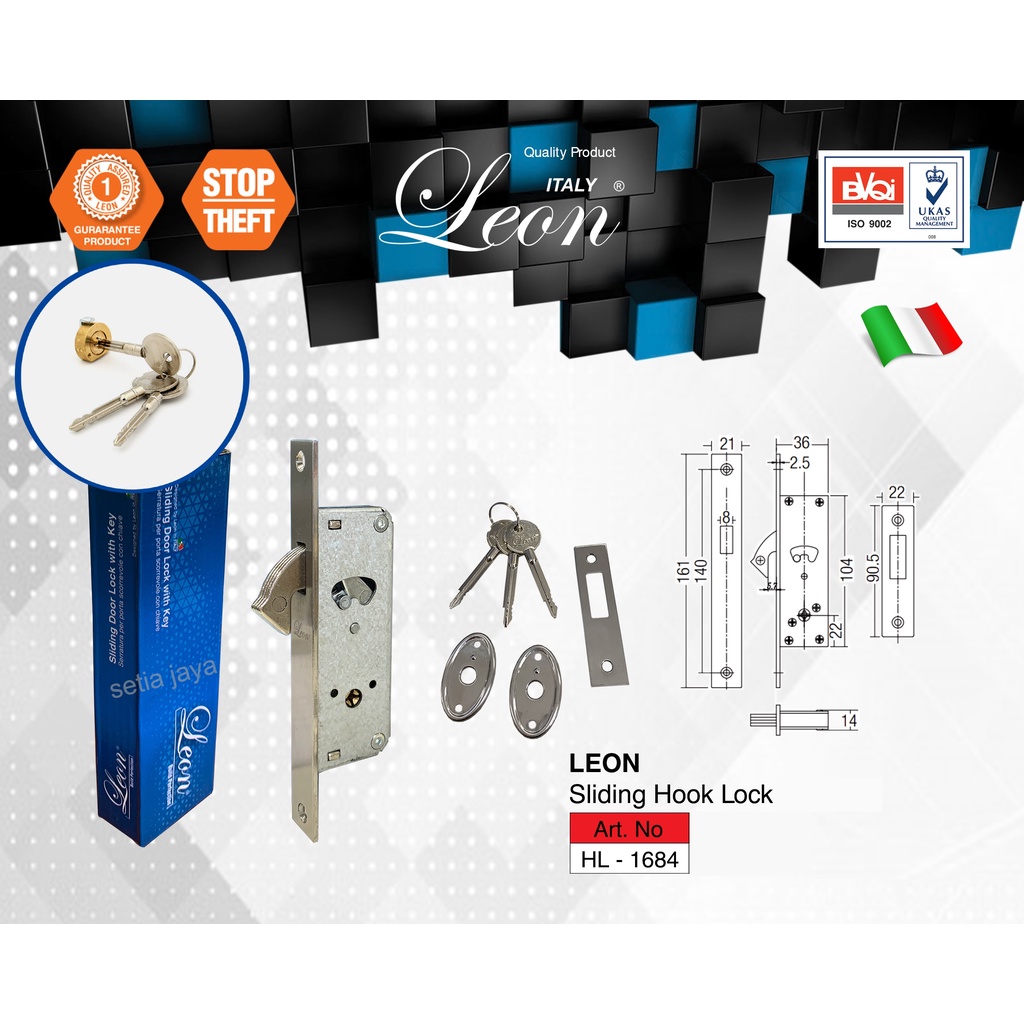 [1 SET] LEON Sliding Door Hook Lock Cross-Key (HL-1824) Single Mortise ...