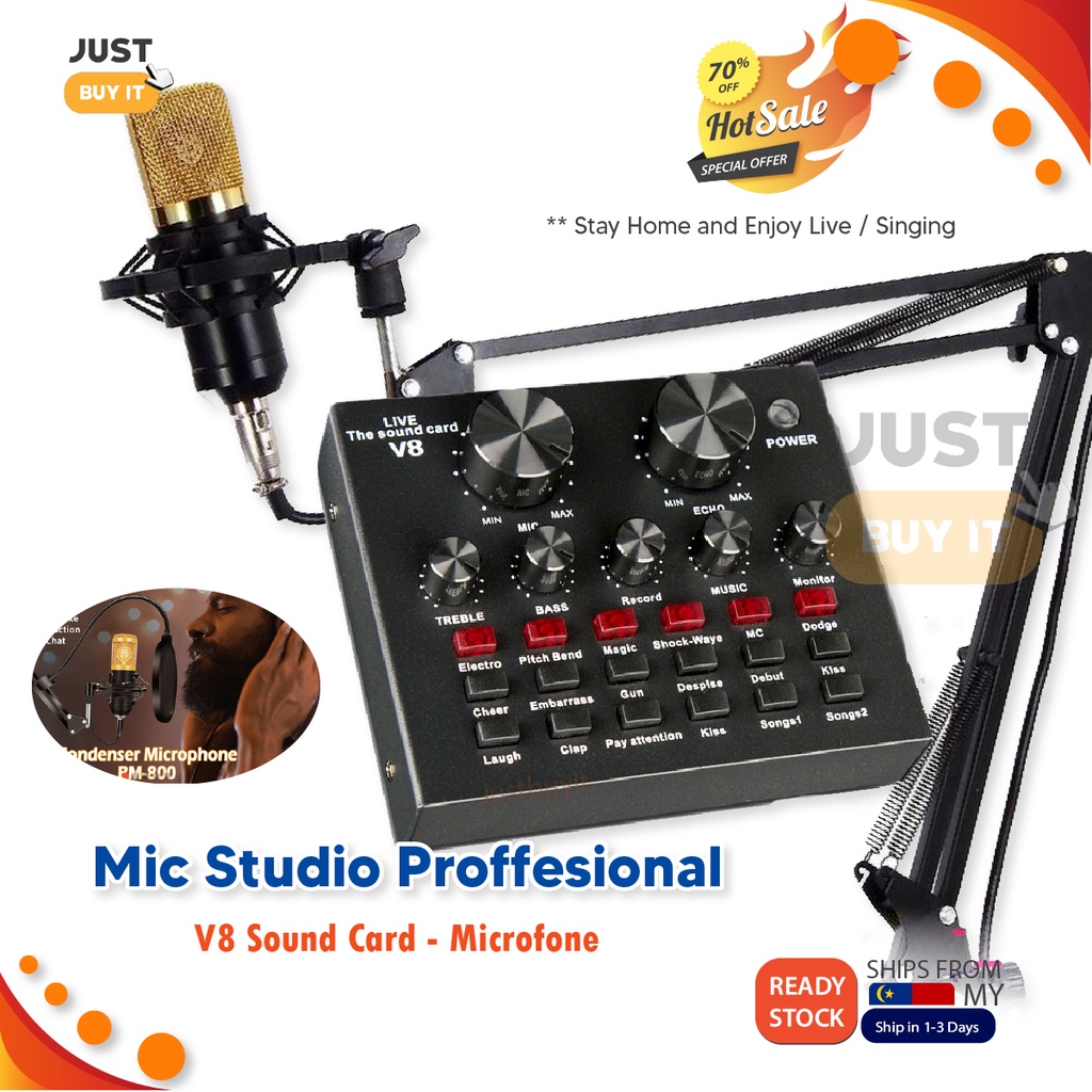 BM800 V8 Live Sound Card With Adjustable Microphone Condensor Recording Mic Kit Broadcast Sing ...