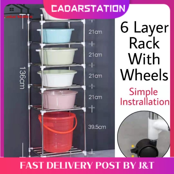 CS_6 Layers Stainless Steel Multi-Function Pot Rack 多功能不锈钢带轮厨房置物架 Rak ...