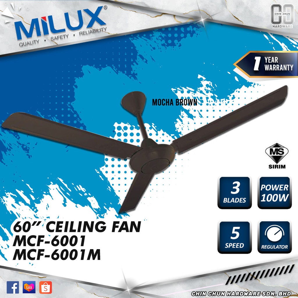 MILUX MCF-6001 (WH/MCH)/ELBA ECF-G6012(GR) CEILING FAN 60" 3 BLADE ...