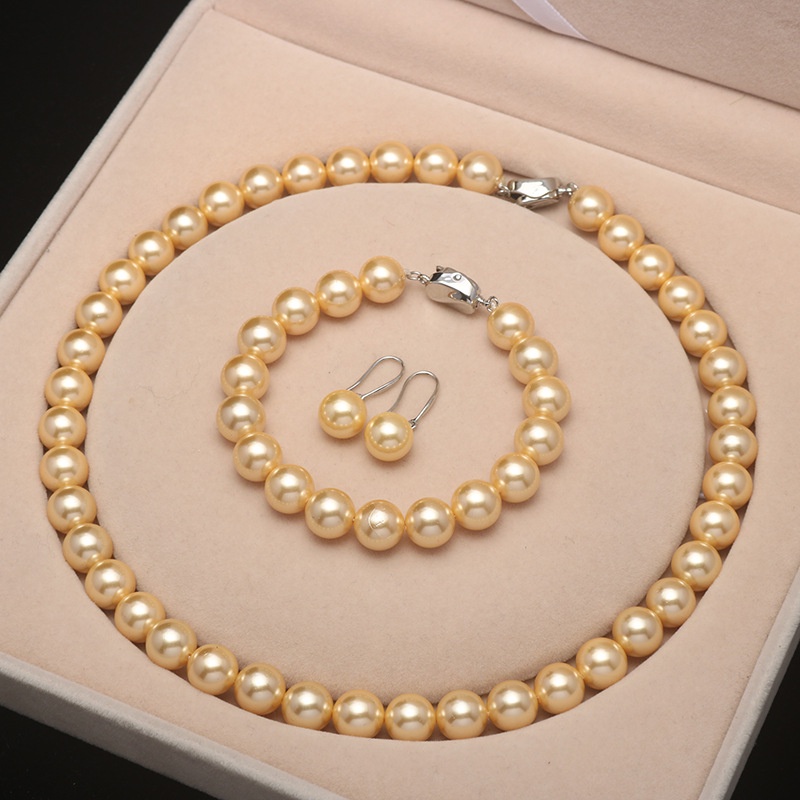 NO BOX Retro palace shell pearl necklace women are round strong light golden shell bead jewelry set wedding party ornaments wholesale Shopee Malaysia
