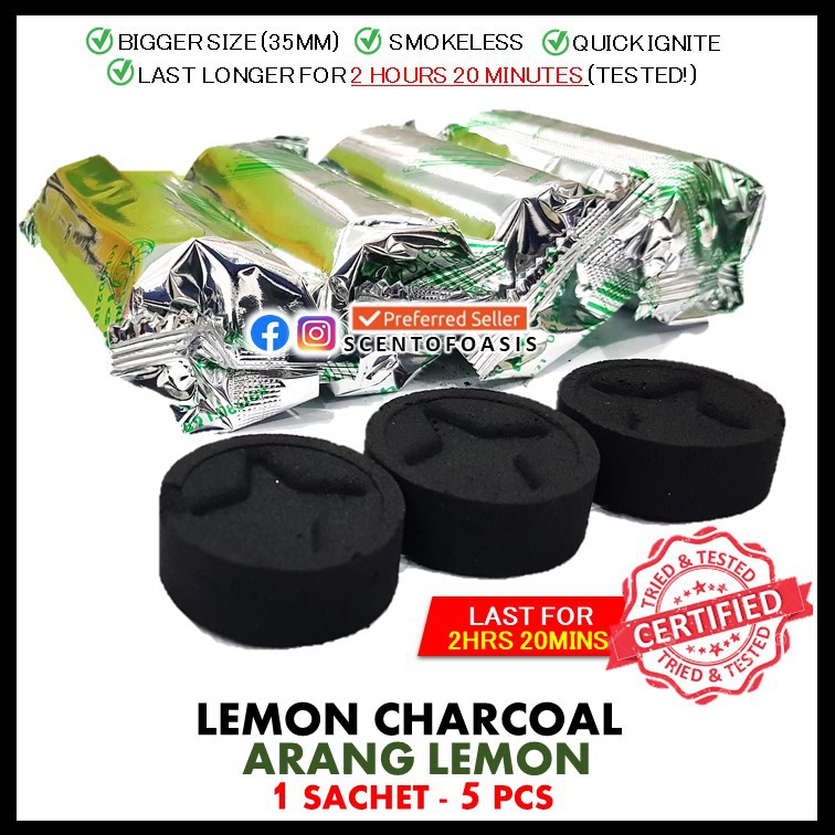 CHARCOAL LEMON ARANG BULAT ( 1 SACHET = 5PCS) TAHAN 2JAM 20MIN (TESTED ...