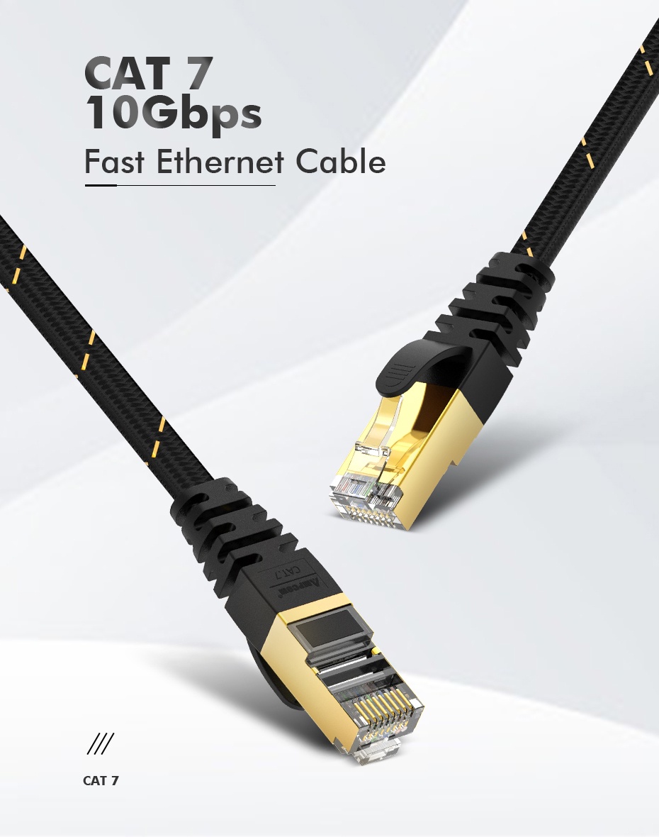 AMPCOM CAT7 Ethernet Cable, Shielded Flat RJ45 Network Patch Cord 10G ...