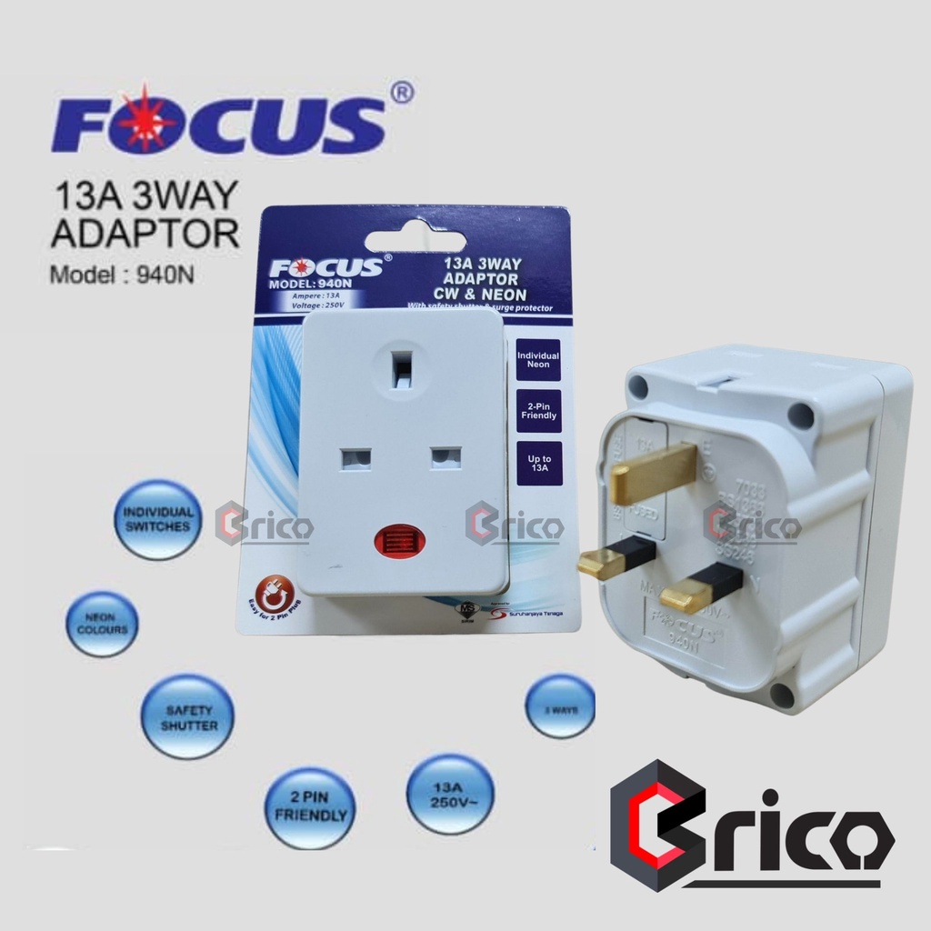 3 Way Multiple Adapter 3 Gang Pin Socket Plug Switch Multi Adaptor ...