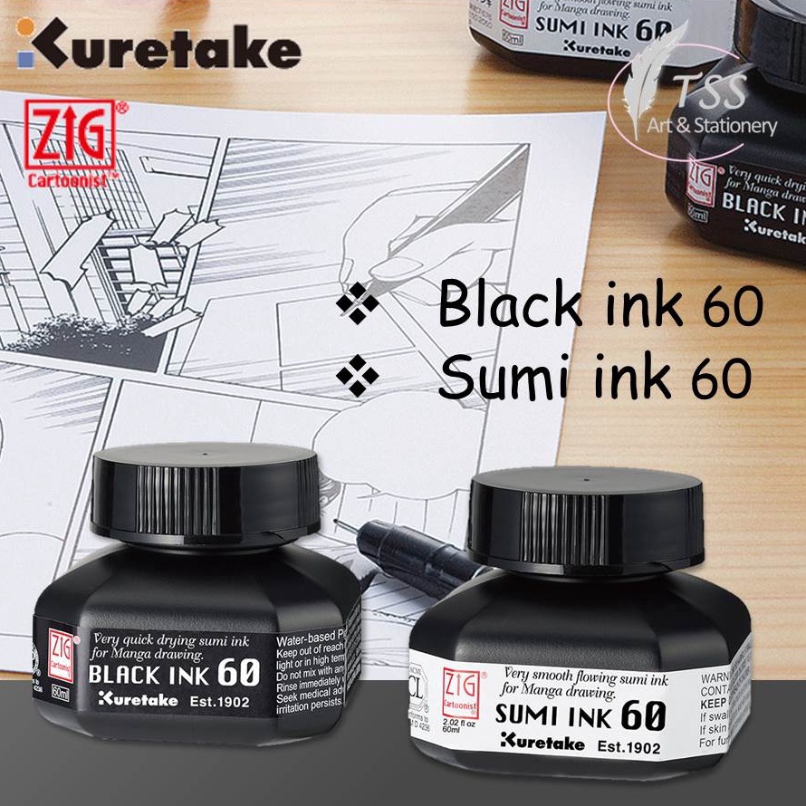KURETAKE ZIG Sumi Ink / Black Ink 60ml | Manga Drawing Ink / Comic Cartoonist Ink | Water based ...