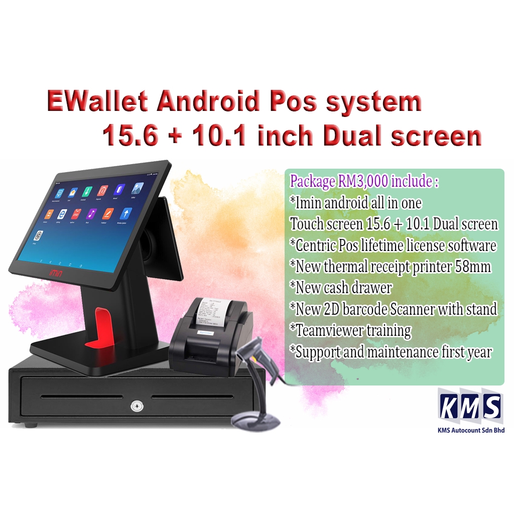 EWallet Android Pos system 15.6 + 10.1 inch Dual screen with Build in ...