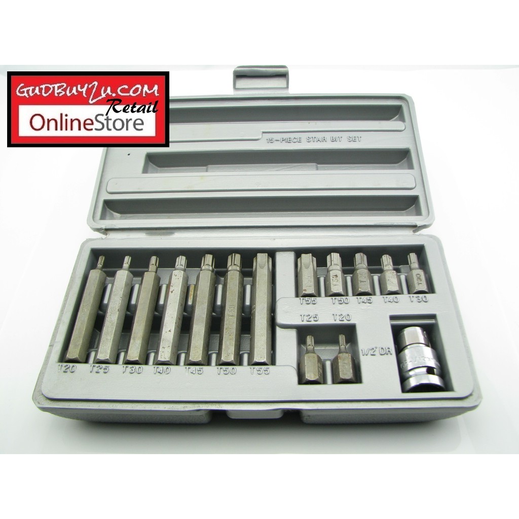 15 IN 1 HEAVY DUTY CRV TORX STAR BIT SET ALLEN KEY WITH 1/2" DR X 10MM ...