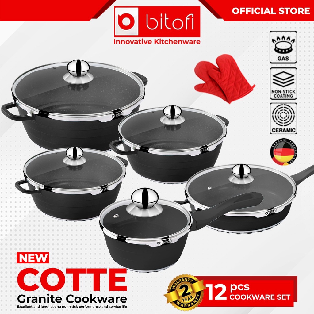 BITOFI GERMANY COTTE Cookware Set 12PCS (Green) Non Stick Granite ...