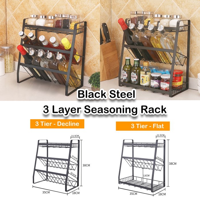 Black Steel 3 Layer Seasoning Rack Anti-Rust 3 Tiers Kitchen Organizer ...