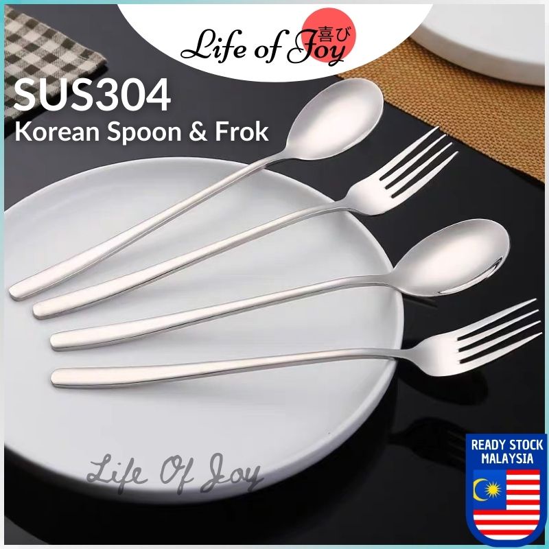 Korean Spoon & Fork Style Thick and Long Stainless Steel Tableware ...