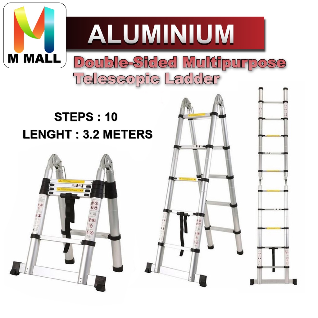 M MALL 1.6M+1.6M TELESCOPIC POLE LADDER MULTI EXTENDABLE (5+5 Steps ...