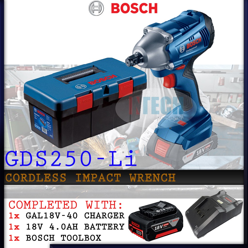 BOSCH GDS250-LI PROFESSIONAL CORDLESS IMPACT WRENCH C/W TOOL BOX +1X ...