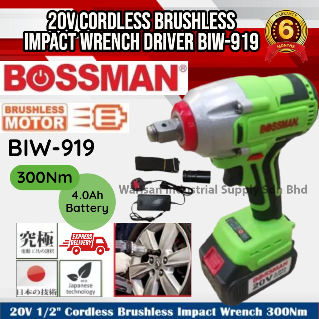 BOSSMAN 20V 1/2'' Cordless Brushless Impact Wrench Driver 4.0Ah Battery ...