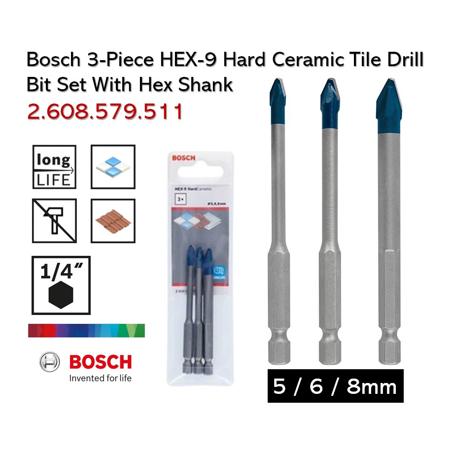 Bosch 3-Piece ( 5 / 6 / 8mm ) HEX-9 Hard Ceramic Tile Drill Bit Set ...