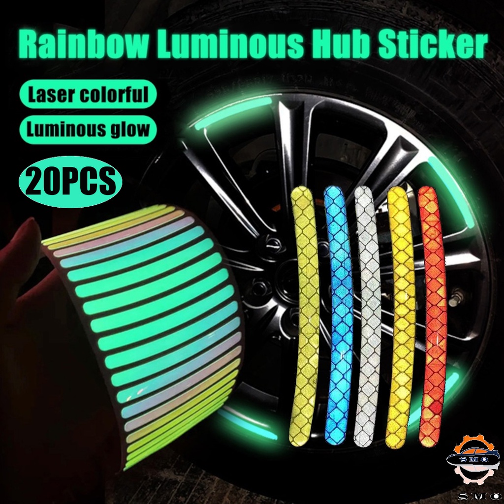 20pcs Car Tyre Rim Wheel Reflective Sticker Luminous Rainbow Sport Rim ...