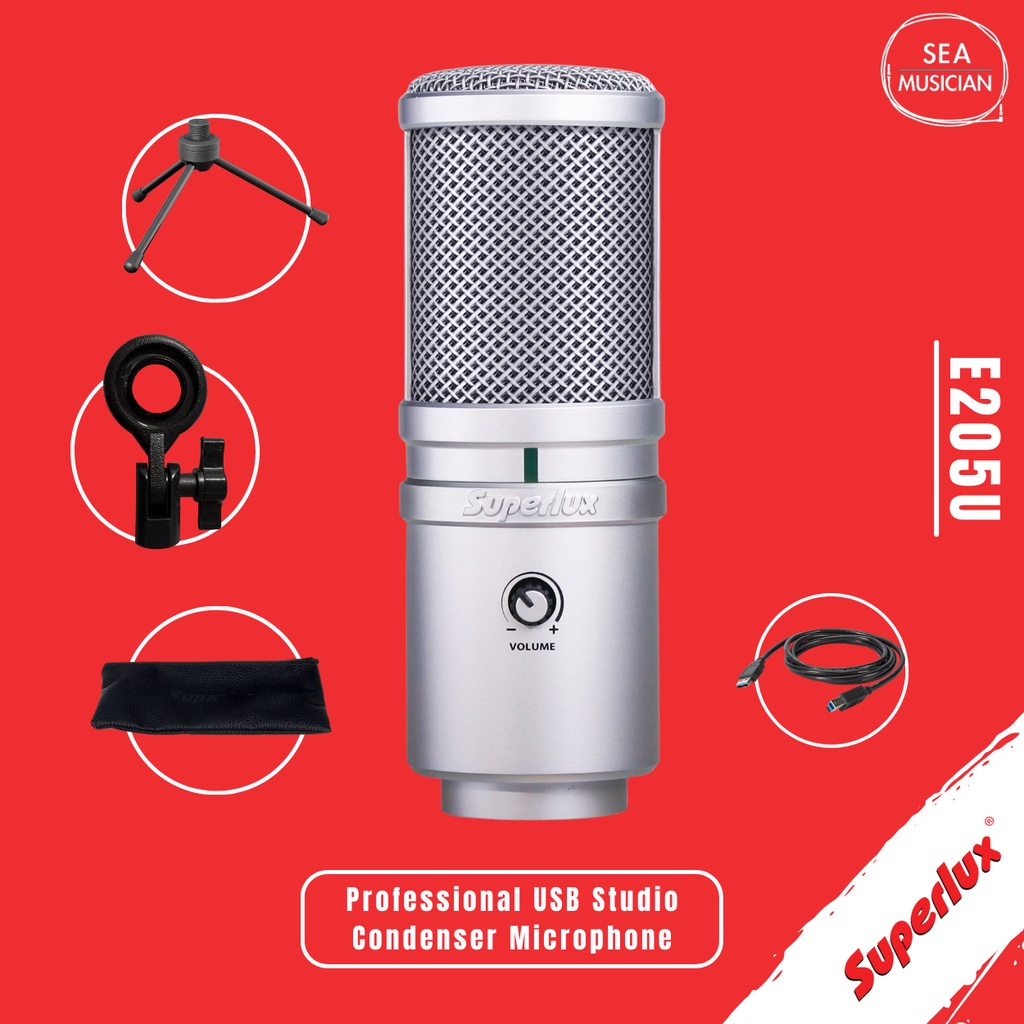 SUPERLUX E205U USB CONDENSER MICROPHONE LARGE DIAPHRAGM CARDIOID RECORDING STUDIO VOCAL 16 BIT ...