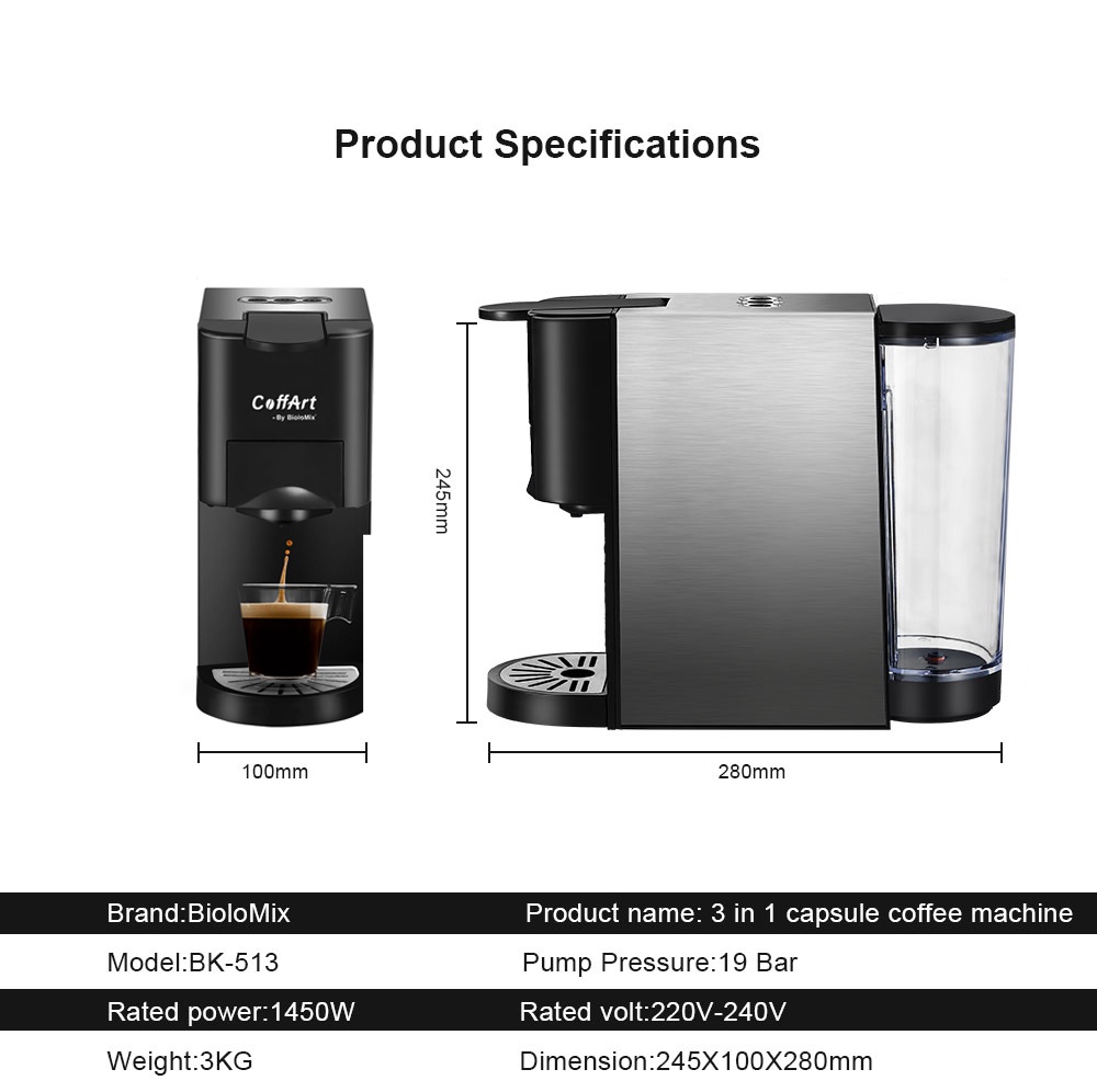 BioloMix 3-In-1 Capsule Espresso Coffee Maker Machine with 3 Adapters ...