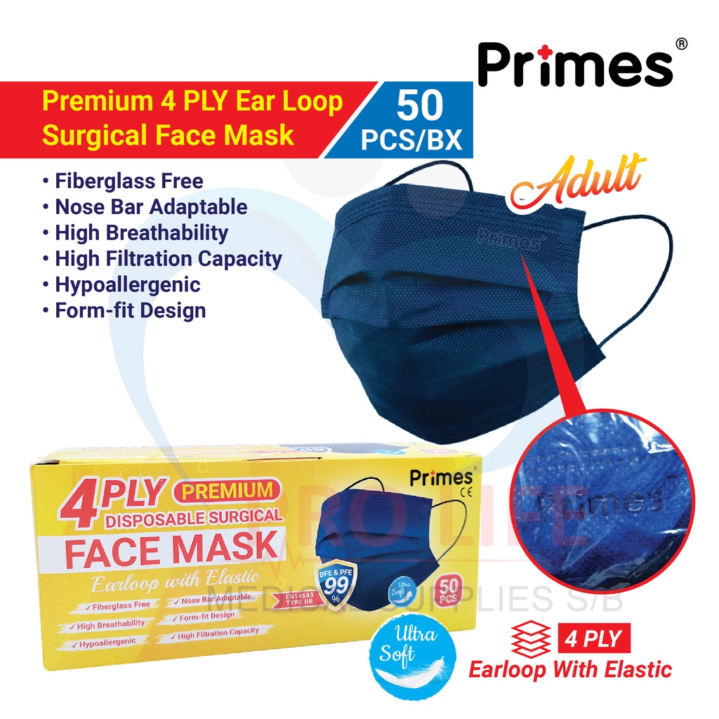 Primes Premium 4 PLY Ear Loop Surgical Face Mask (Adult Dark Blue ...