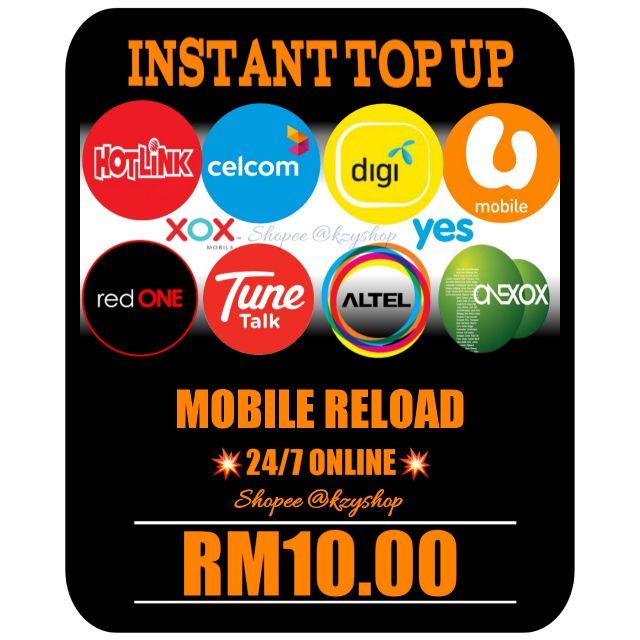Top up RM10, digi, celcom, maxis, umobile, tunetalk, redone, altel, xox, onexox, yes, reload ...