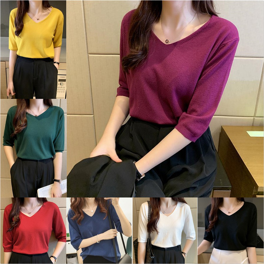 Plus Size Womens Blouse Ice Silk Knitted Three-quarter Sleeve Thin V ...
