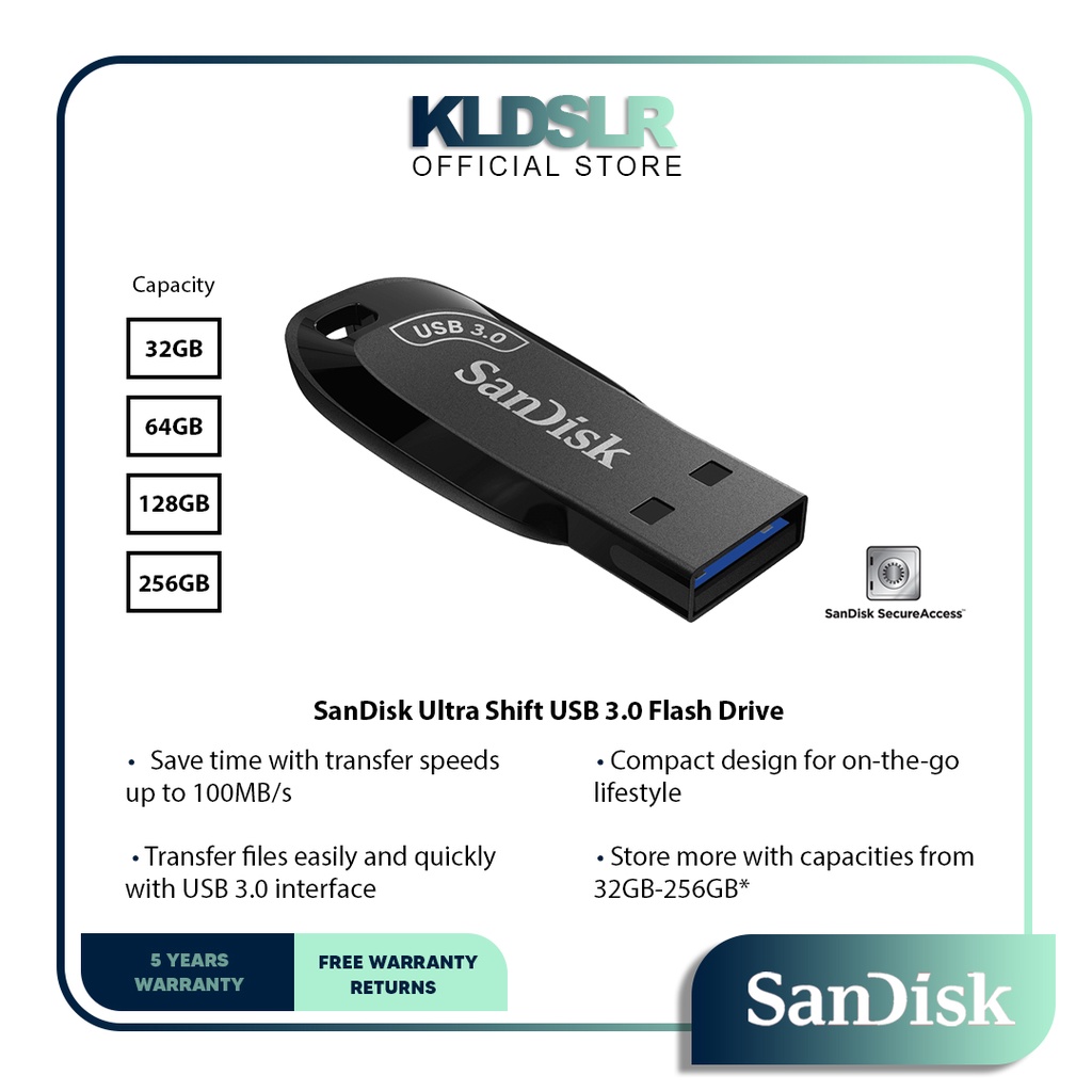 Sandisk Ultra Shift 32GB/ 64GB/ 128GB/ 256GB USB 3.0 Flash Drive CZ410 ...
