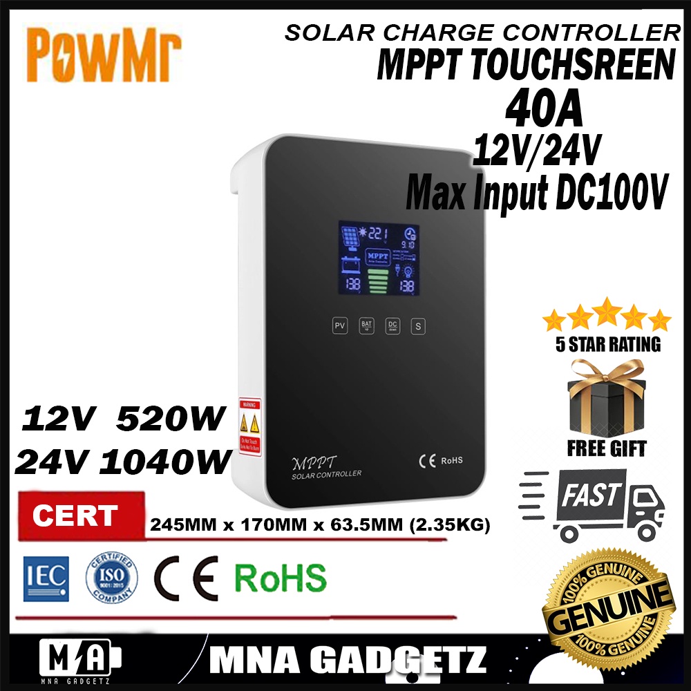 PowMr SOLAR CHARGE CONTROLLER MPPT TOUCHSCREEN EM 12V/24V 40A 60A ...