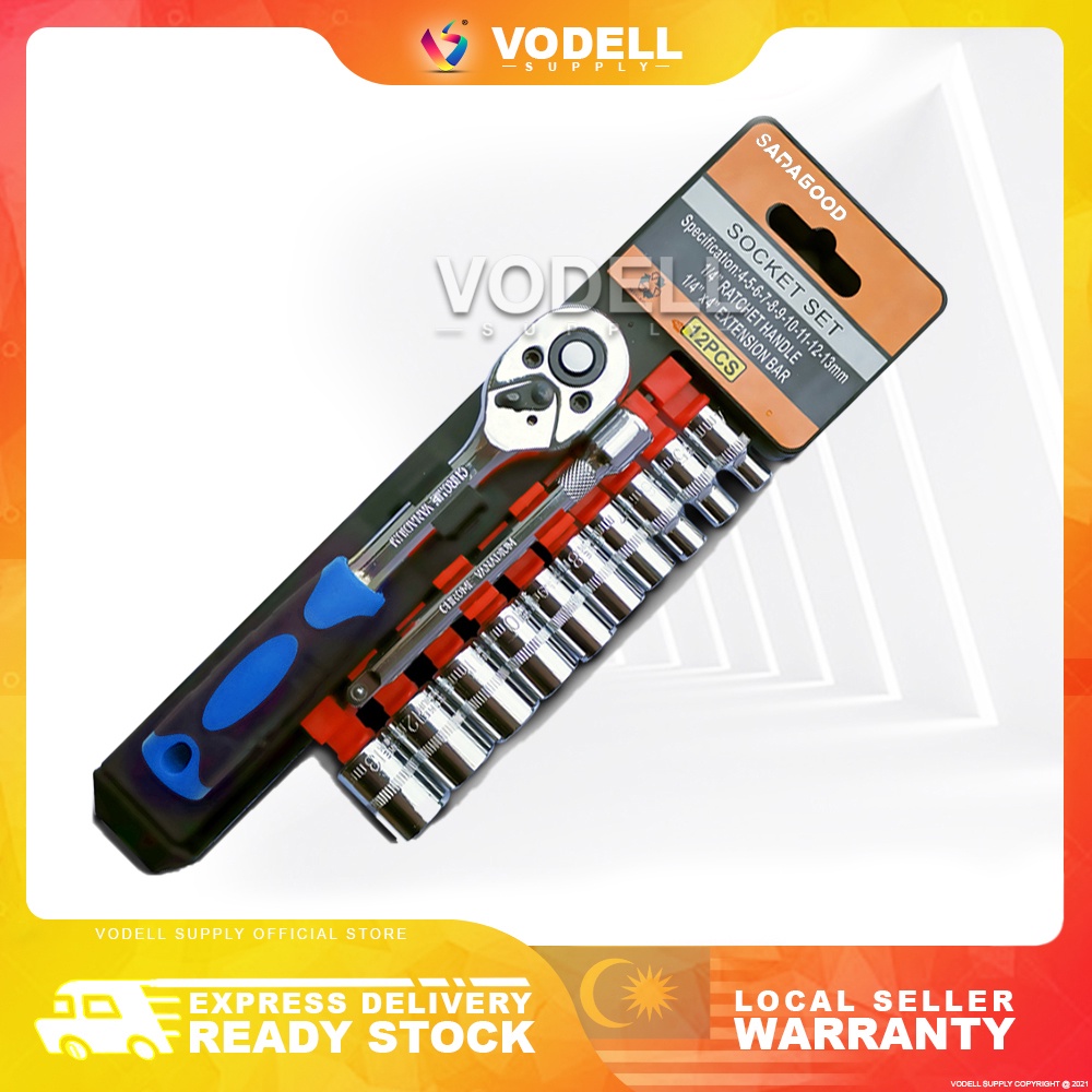 VODELL 12pcs Set 1/4'' Ratchet Wrench Socket Kit Repairing Hand Tool SATA Sepana Alatan Tangan ...