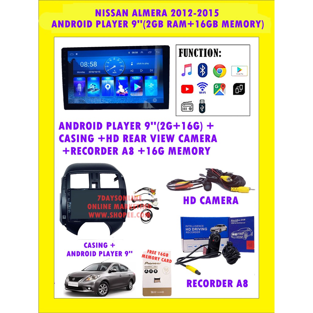 NISSAN ALMERA 2012-2015 9"ANDROID PLAYER 16GB 2RAM + CASING + HD REAR ...