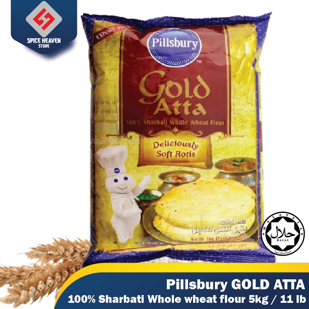 (READY STOCK) PILLSBURY GOLD ATTA 5KG / 100% SHARBATI WHOLE WHEAT FLOUR ...