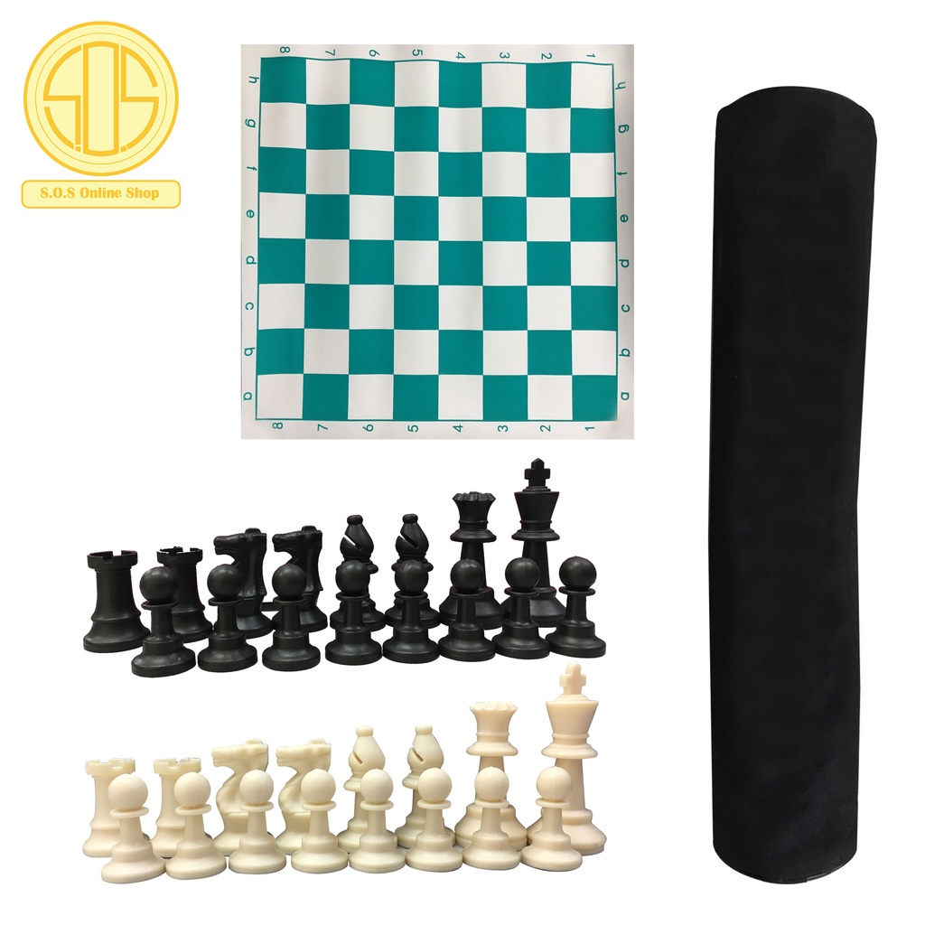 Chess Set Plastic Filled Chess Pieces and Green Roll-up PVC Chess Board ...