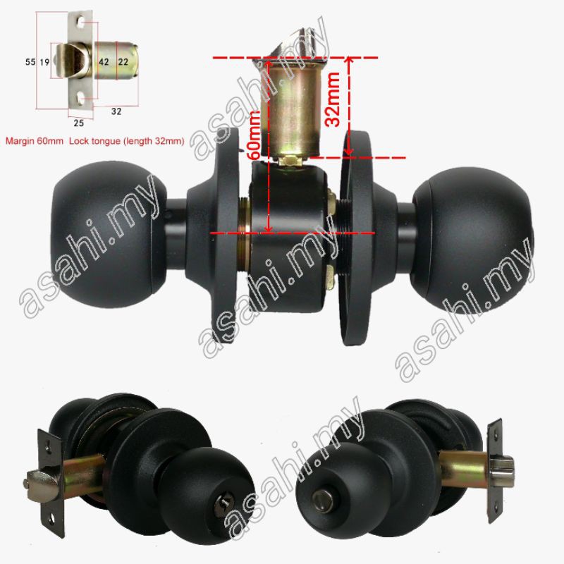 Matte Black Entrance Cylindrical Knobs Lock /Entrance lock / Tombol ...