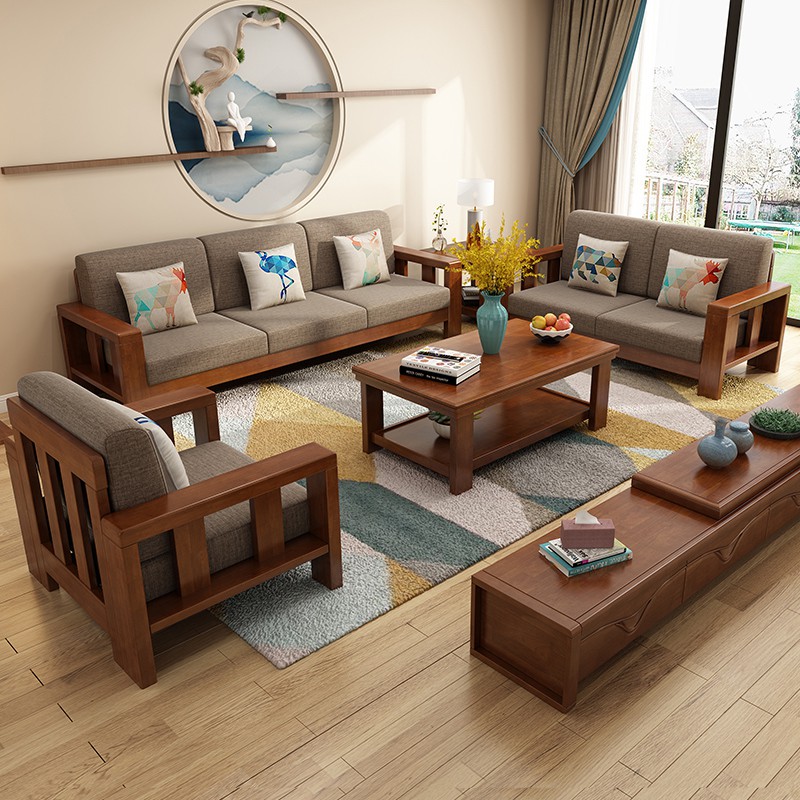 Chinese style solid wood sofa combination modern simple small apartment ...
