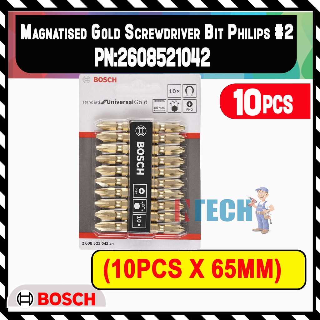 BOSCH PHILIPS #2 MAGNETISED GOLD SCREWDRIVER BIT (10Pcs x 65mm) P/N ...