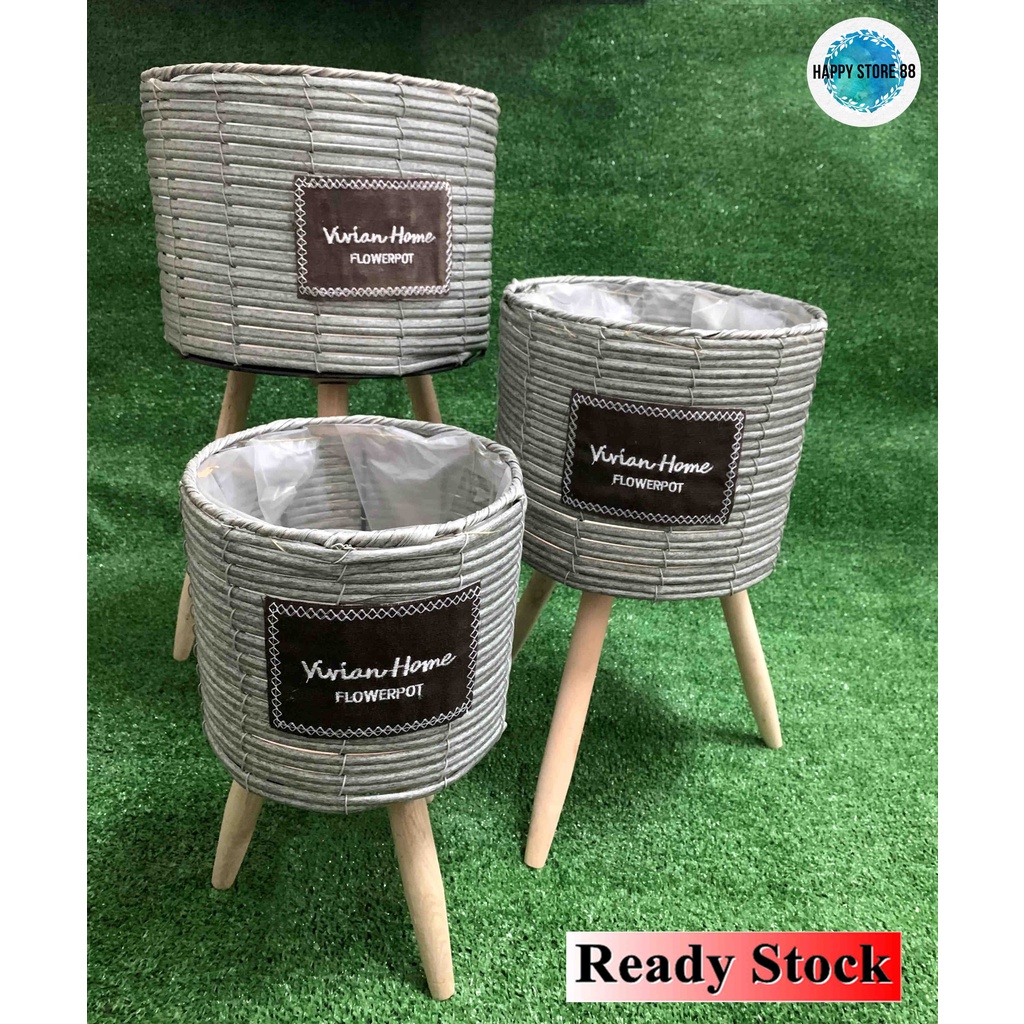 Ratten Basket with Stand / Bakul Rotan Berkaki / Bakul Hiasan (Grey ...