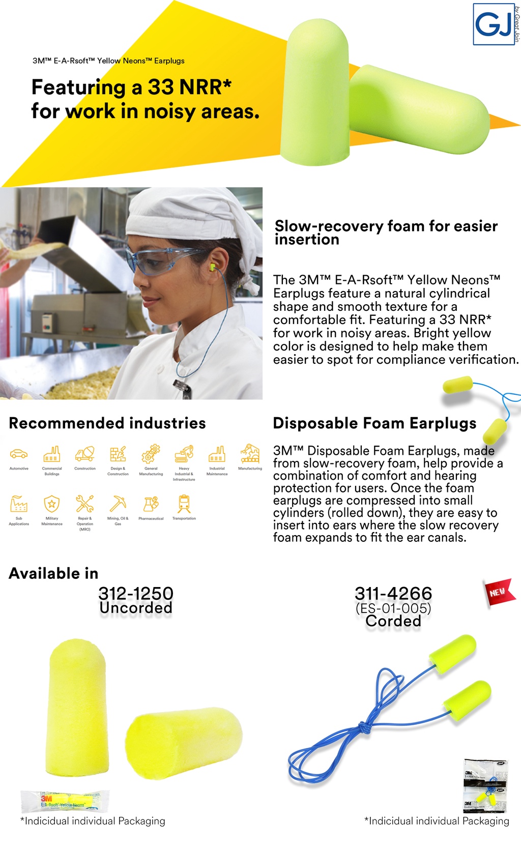 3M Earplug E-A-Rsoft™ Yellow Neons™ Foam Earplugs/ 311-4266 Corded / 312-1250 Uncorded / NRR 33 ...