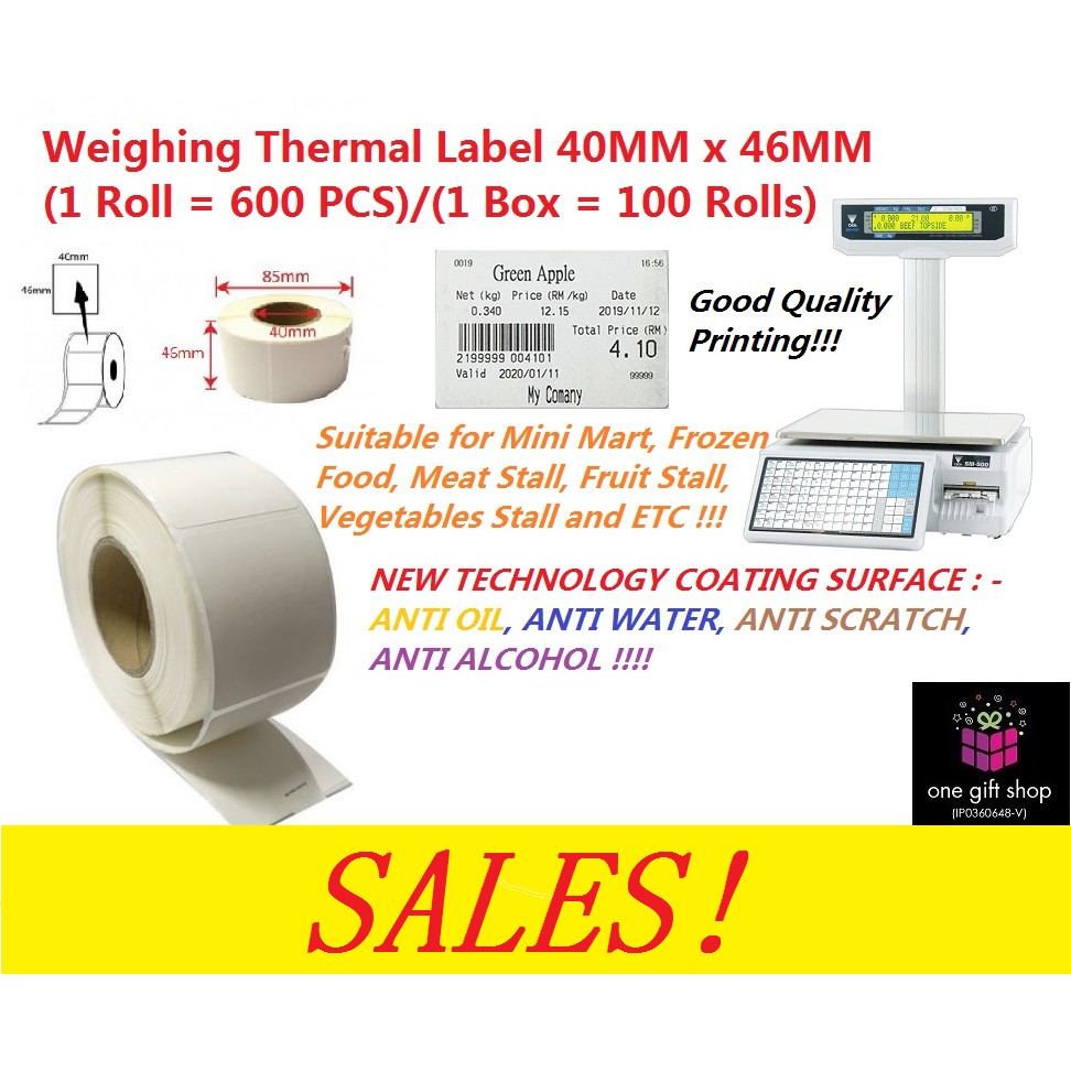 Weighing Thermal Label Sticker 46mm x 40mm 100 Roll (1 Roll - 600 Pcs ...